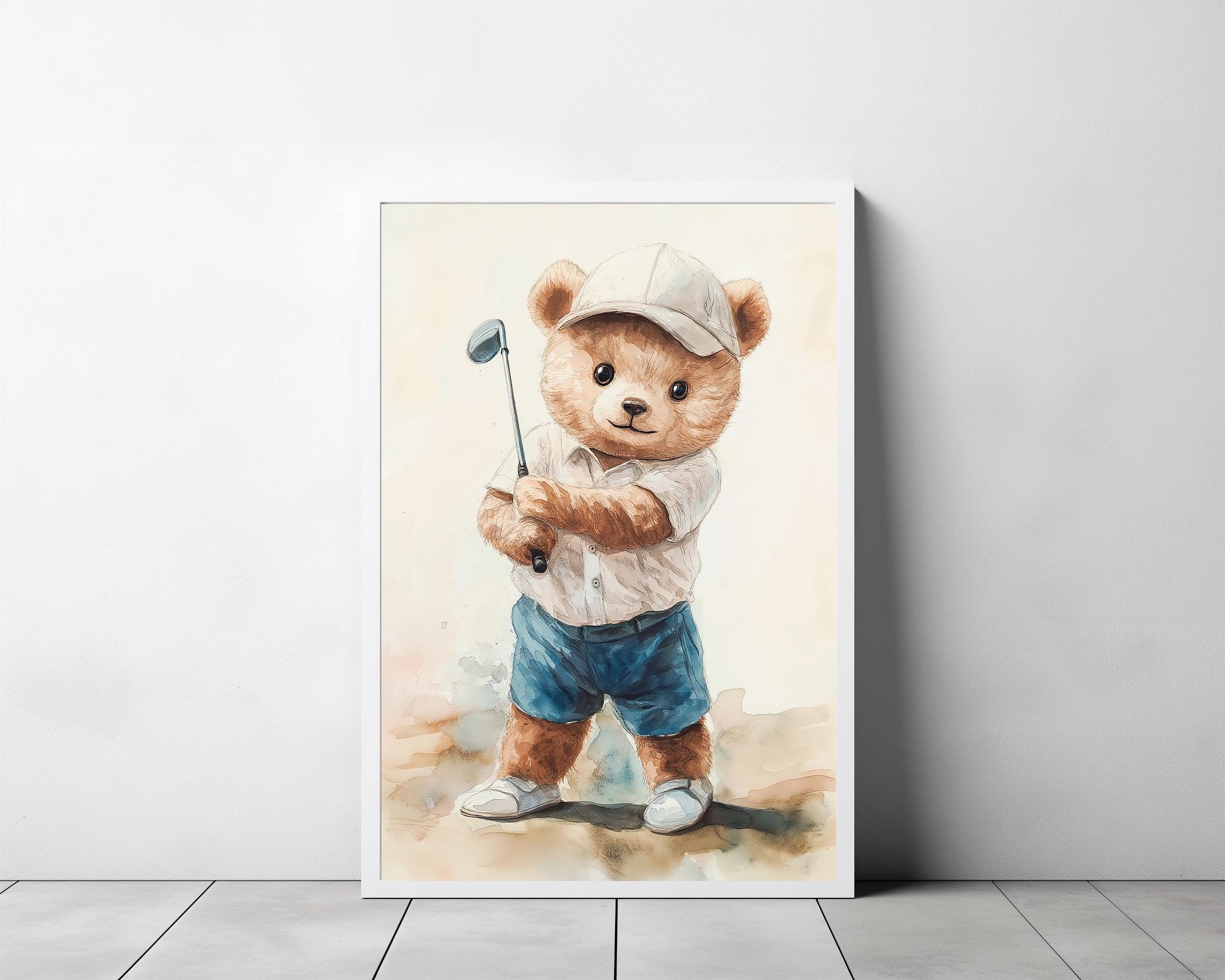 Teddy Bear Playing Golf Art Print Nursery Teddy Bear Art Nursery Sports ...