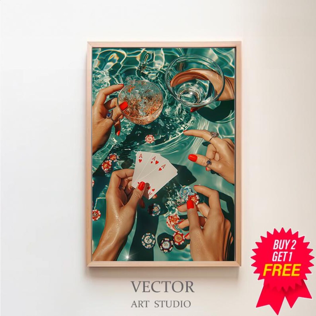Vintage Blue Playing Cards Wall Print, Blue Poker Night Cards & Drinks ...