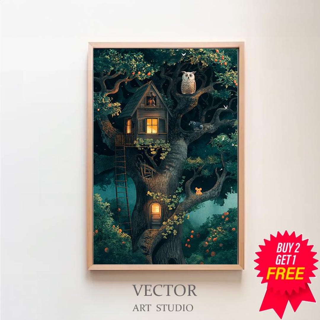 Whimsical Treehouse Nursery Wall Art, Woodland Animals Kids Poster ...