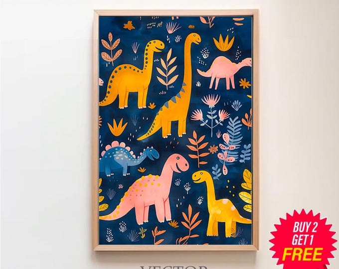 Dinosaur Nursery Wall Art ~ Kids Room Decor ~ Playful Dinosaurs Poster ...