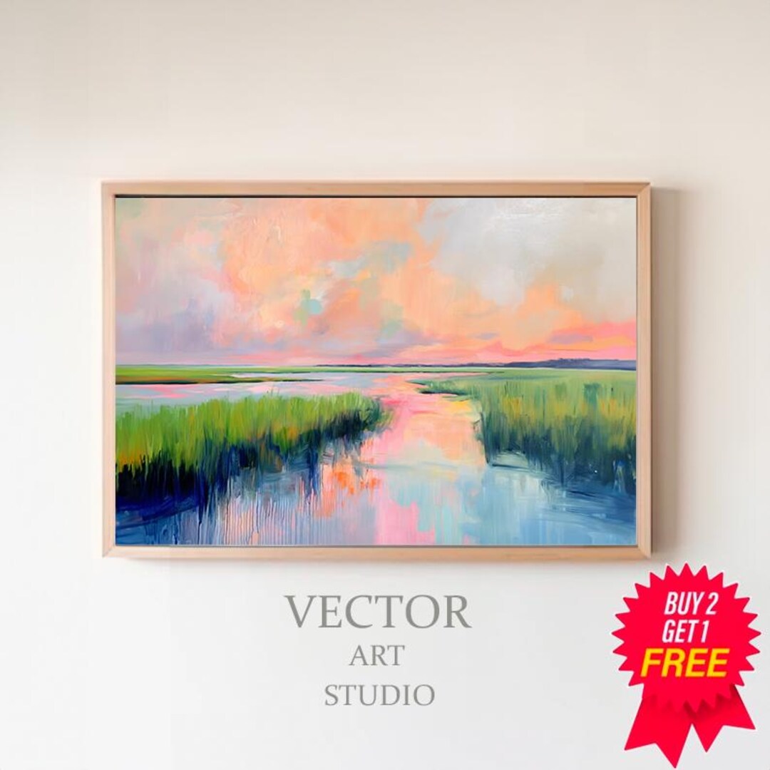 Colorful Wetlands Sunset Painting | Coastal Marsh Landscape Wall Art ...