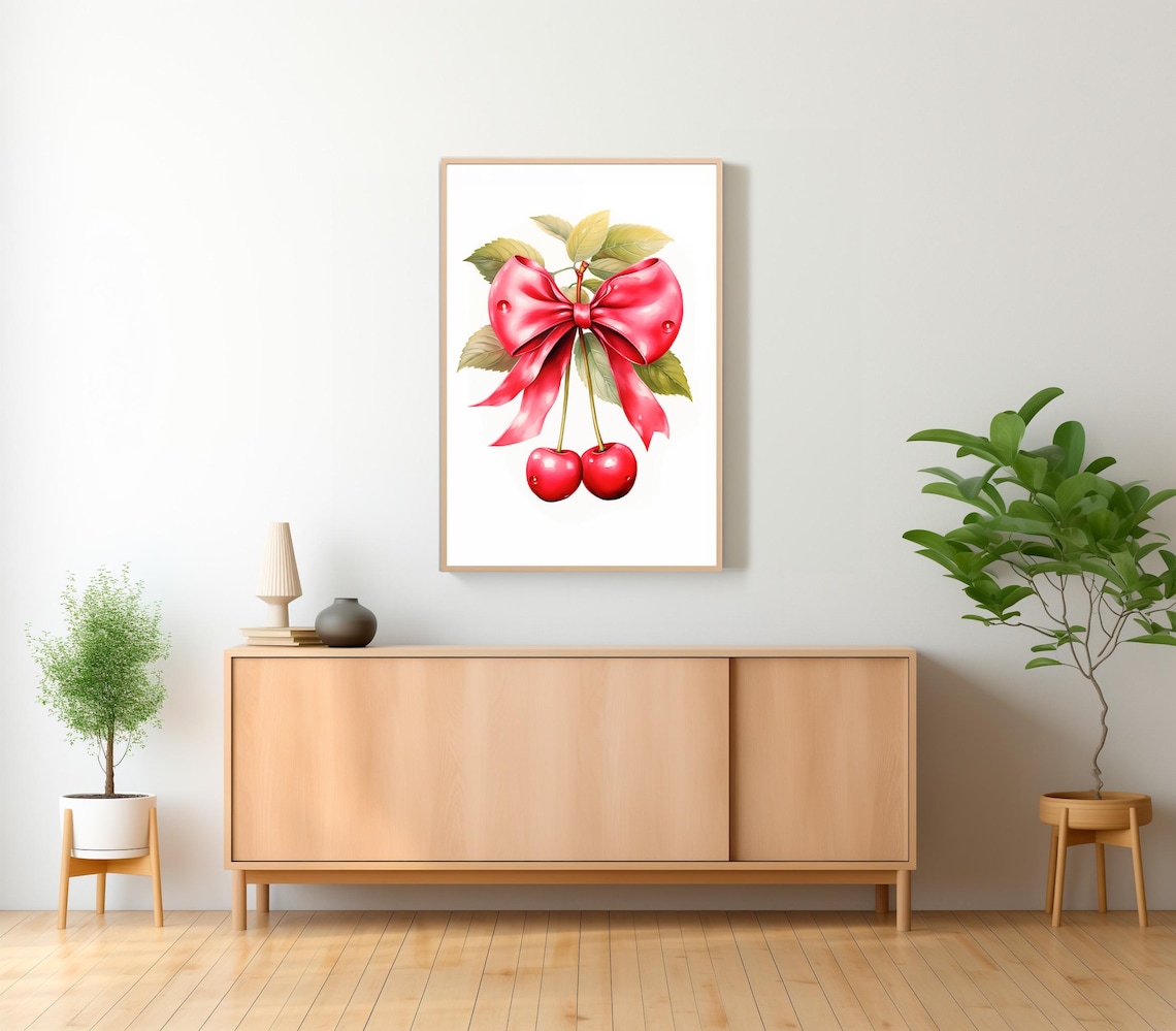 Cherry Wall Art Print, Printable Feminine Poster, Trendy Wall Art, Coquette Pink Bow Soft Girl ...