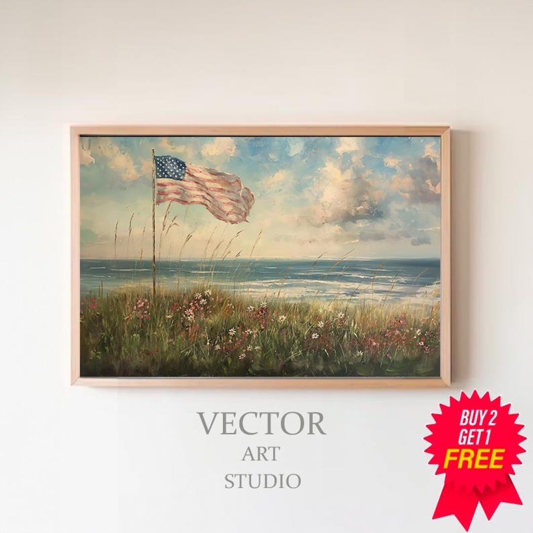 Vintage American Flag Art Decor Patriotic Flag & Floral Print Colorful ...