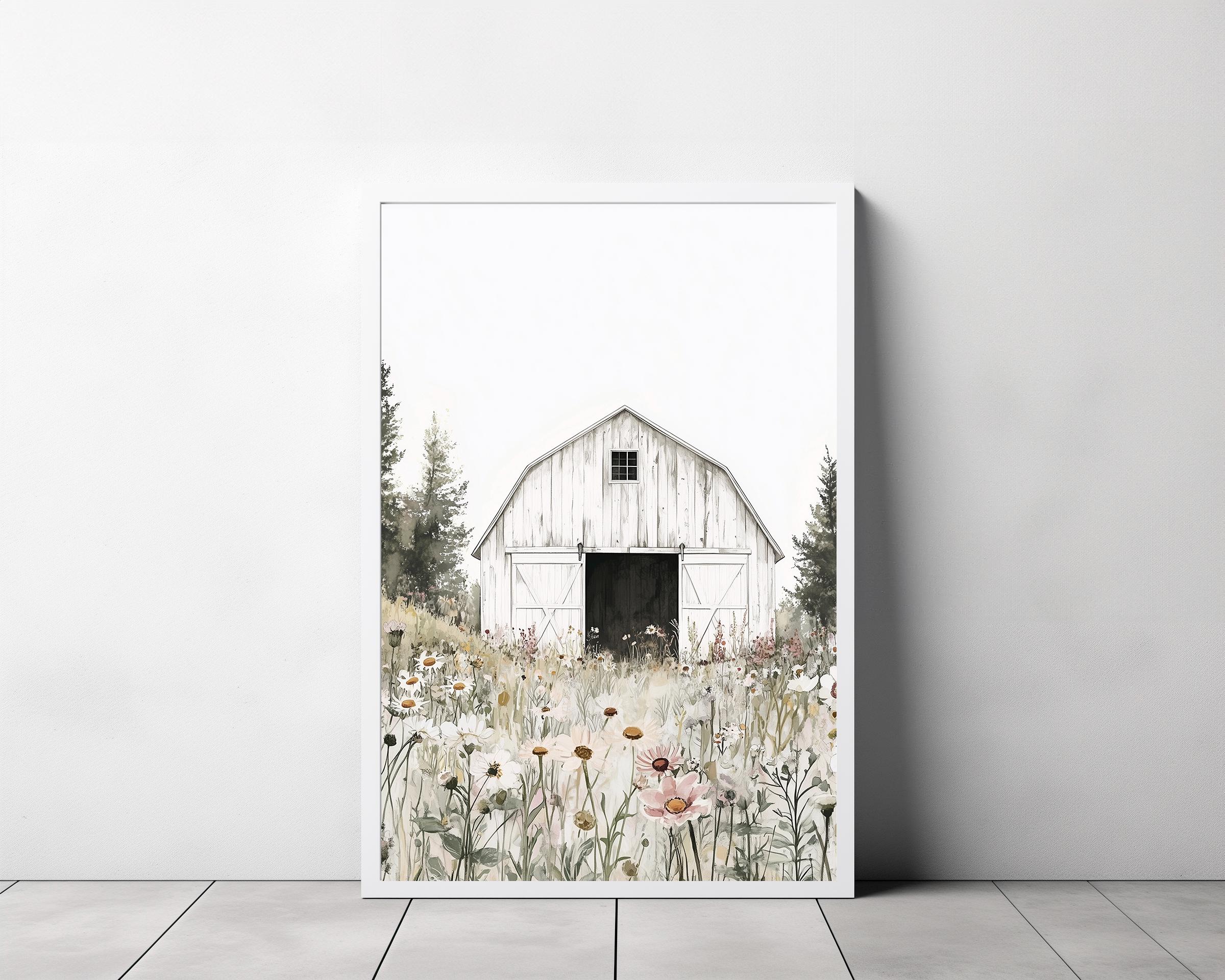 Printable Rustic Barn Art, White Barn Painting, Rustic Farmhouse Summer ...
