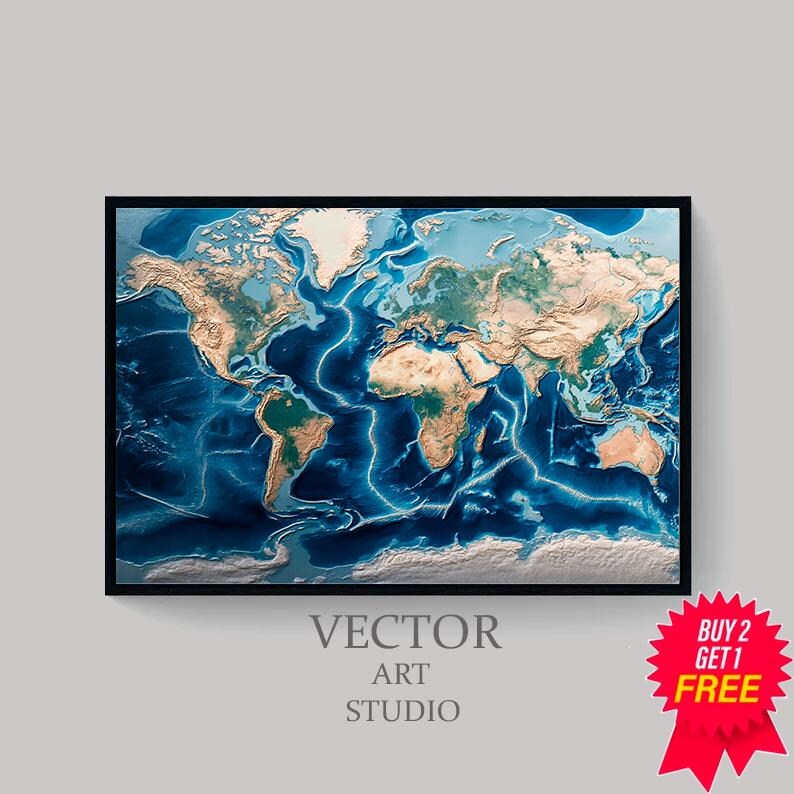 Ocean Floor Map Art Scientific Print Map Vintage Map Ocean Wall Decor ...