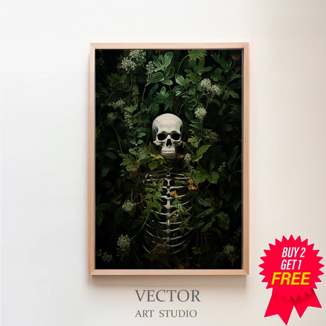 Botanical Skeleton Painting, Art Poster Print, Dark Academia, Vintage ...