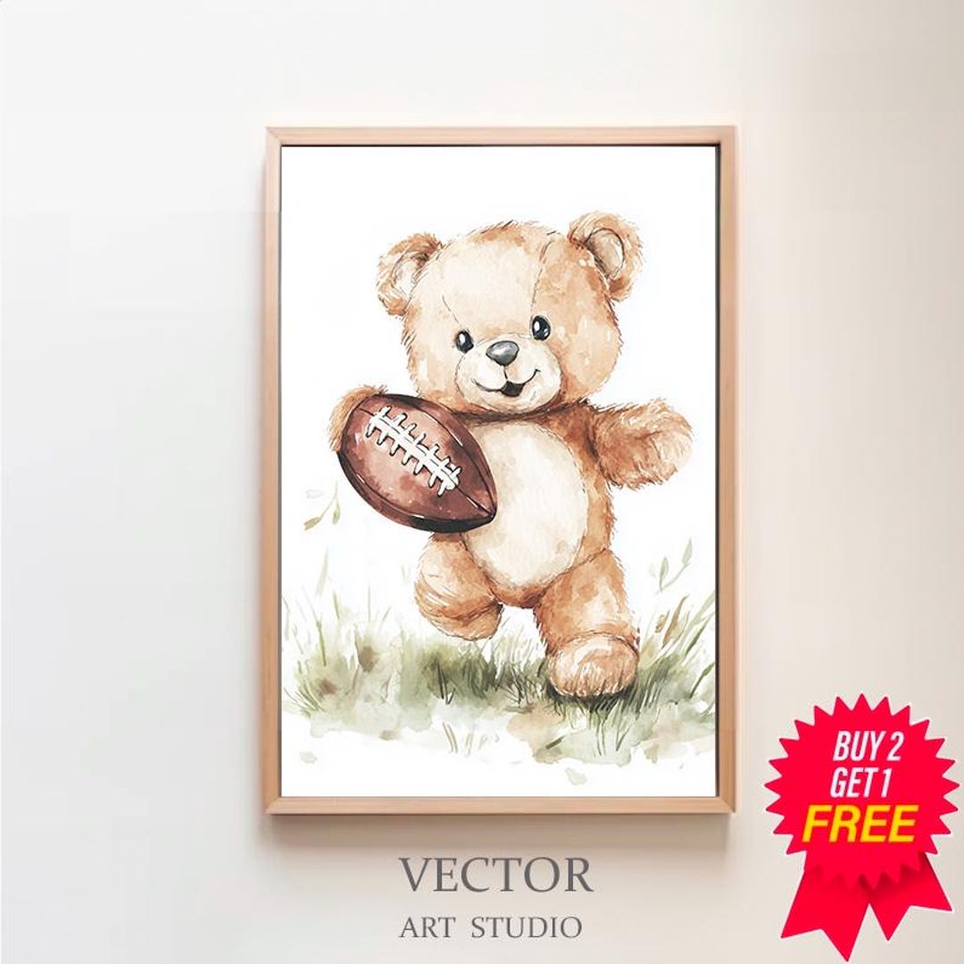 Teddy Bear Playing Football Art Print Football Nursery Bear Art Kids ...