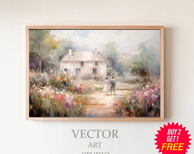 Cottage Oil Painting, Rose Garden Wall Art, Vintage Digital Print ...