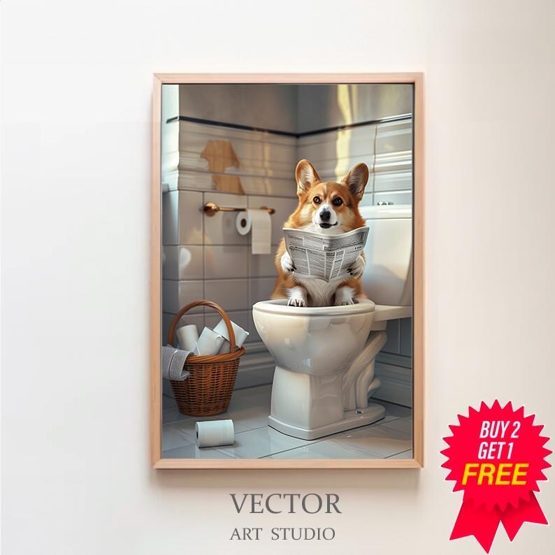 Pembroke Welsh Corgi Art, Funny Bathroom Decor, Dog in Toilet, Animal ...