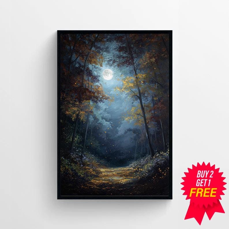 Autumn Full Moon Dark Forest Art Print | Moody Fall Wall Art ...