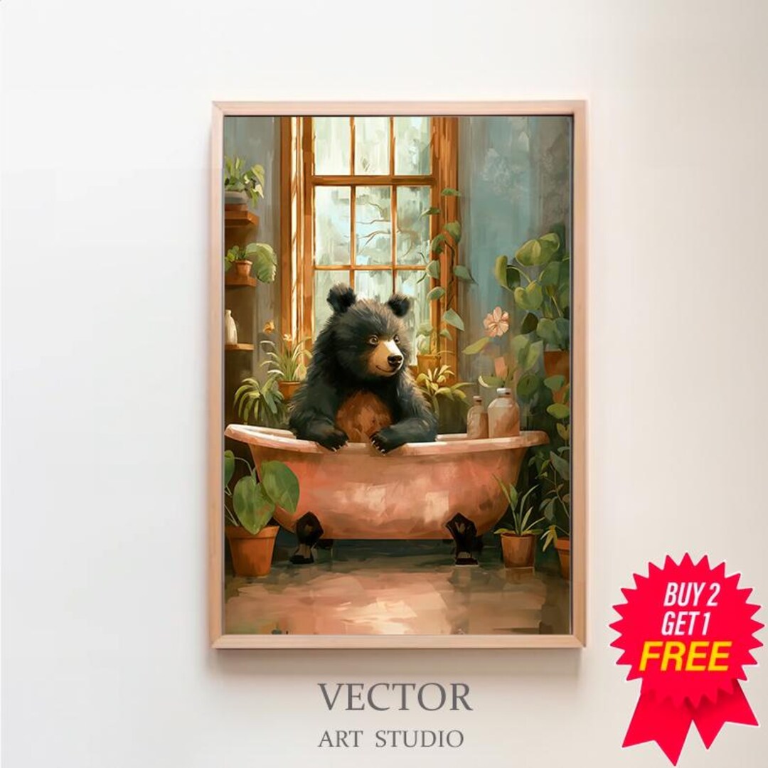 Bear Bathroom Botanical Art Print Poster, Bathroom Decor Artwork, Bear ...
