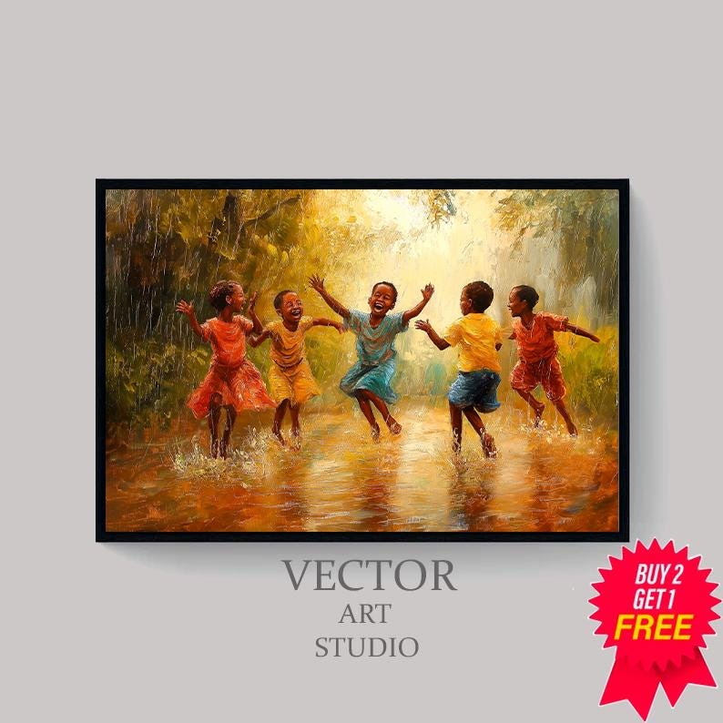 African Kids Playing Canvas Art - Black Art - African Children in Rain ...