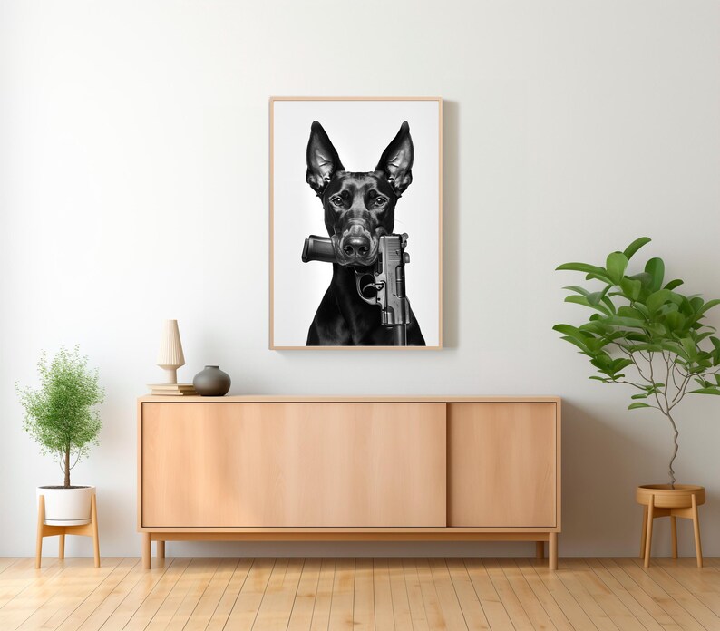 Minimalist Doberman Gun Poster, Hypebeast Black and White Art (digital ...