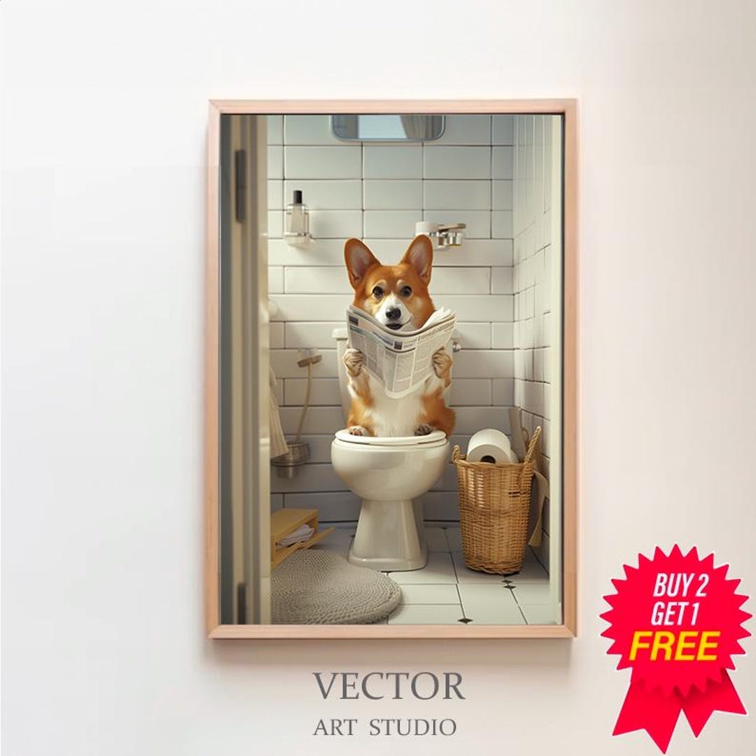 Pembroke Welsh Corgi Art, Funny Bathroom Decor, Dog in Toilet, Animal ...