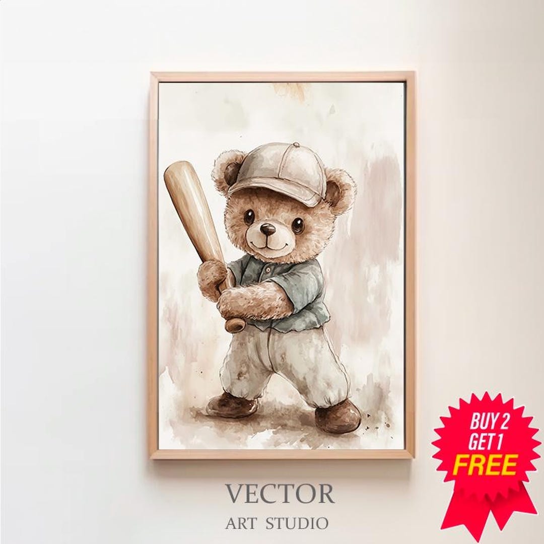 Bear Playing Baseball Nursery Decor, Baseball Nursery Art, Kids Room ...