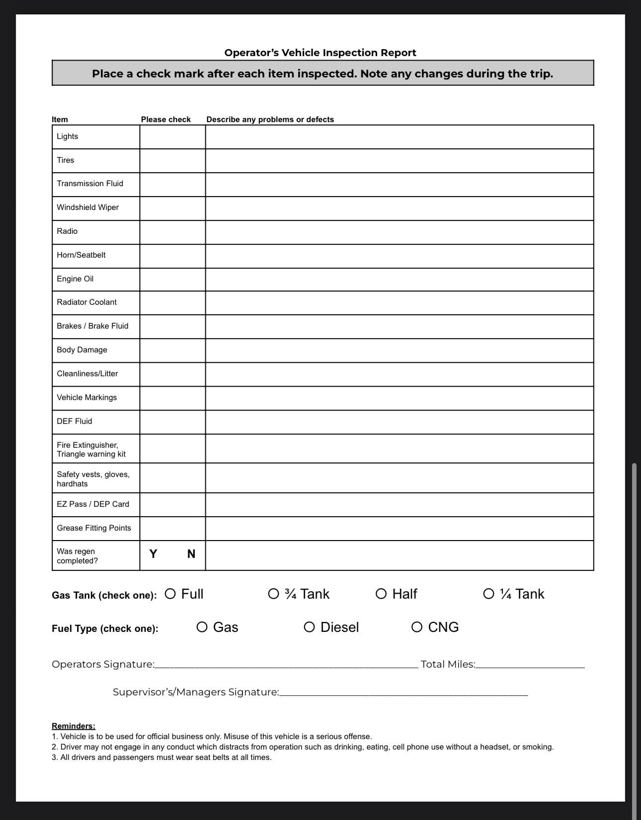 Route Sheet & Pre-trip Inspection Form for Truck and Other Vehicle ...