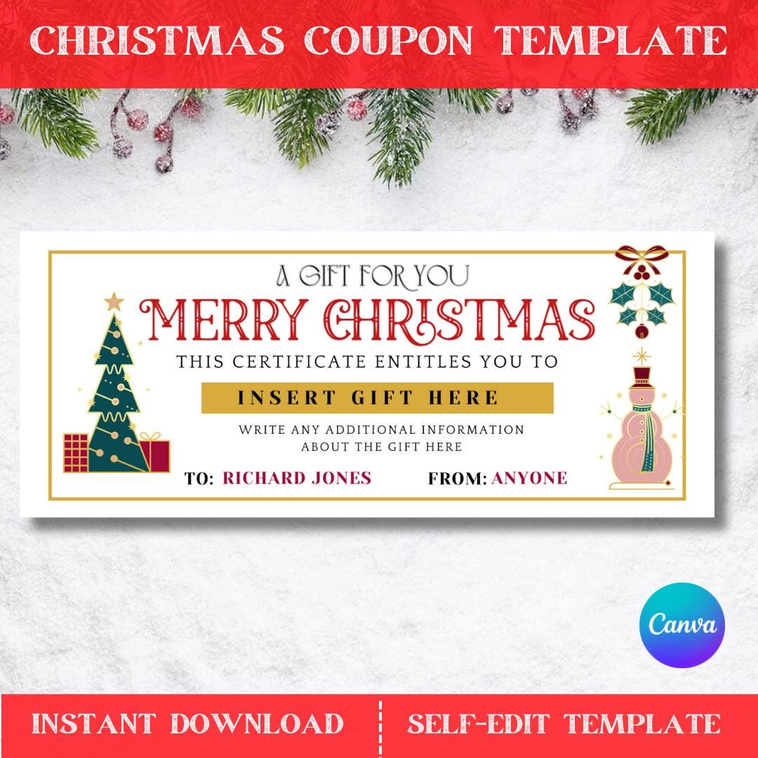 Christmas Coupon Gift Voucher Template, Fully Custom Printable Gift ...