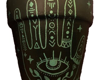 Hand Painted Mystical Evil Eye Hand Hamsa 3.5" Terracotta Pot ~ Indoor ...