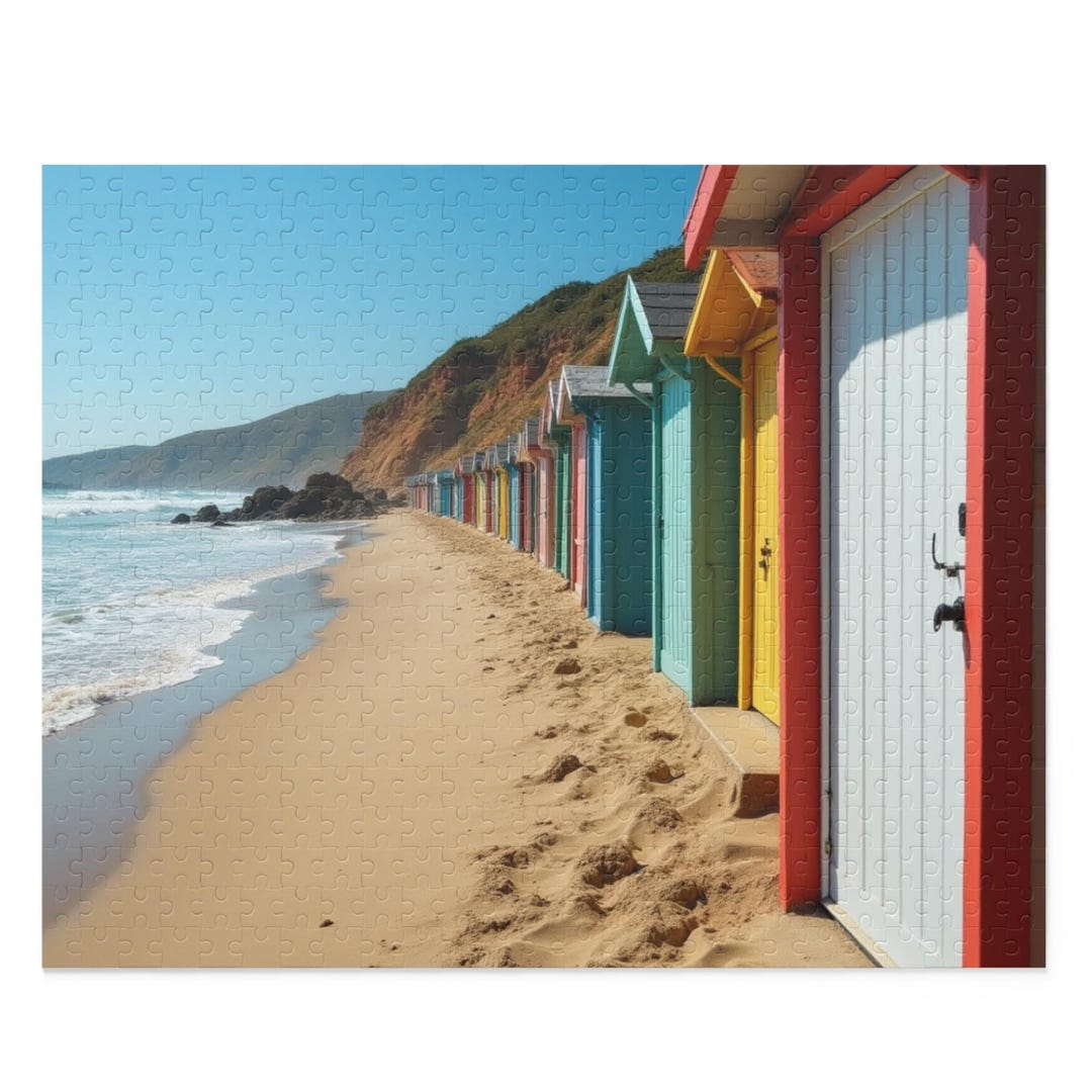 500 Piece Puzzle - Bright Beach Huts Puzzle, Colorful Coastal Cabins ...