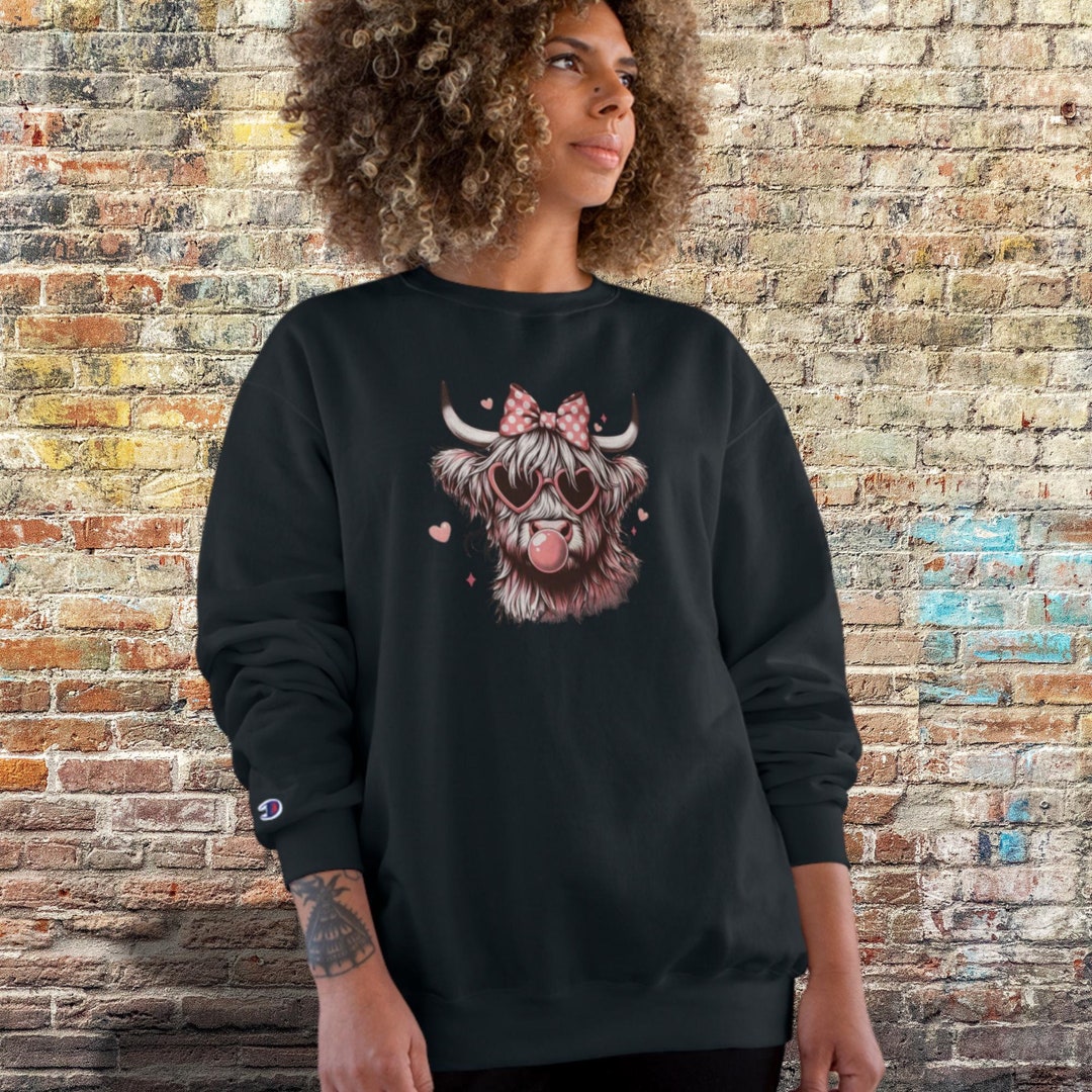 Vintage Pink Scotland Highland Cow Coquette Champion Sweatshirt ...