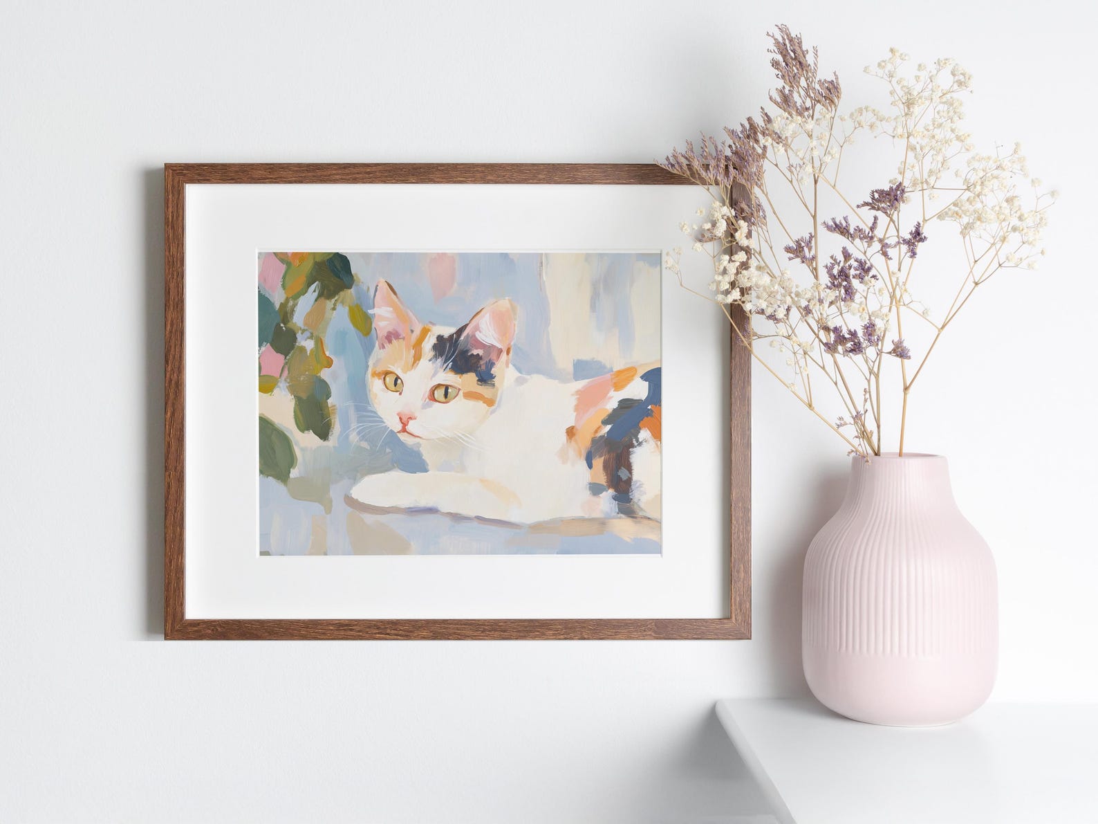 Pastel Calico Cat Painting | Cute Cozy Pink Kitty Wall Art Print | Fun ...