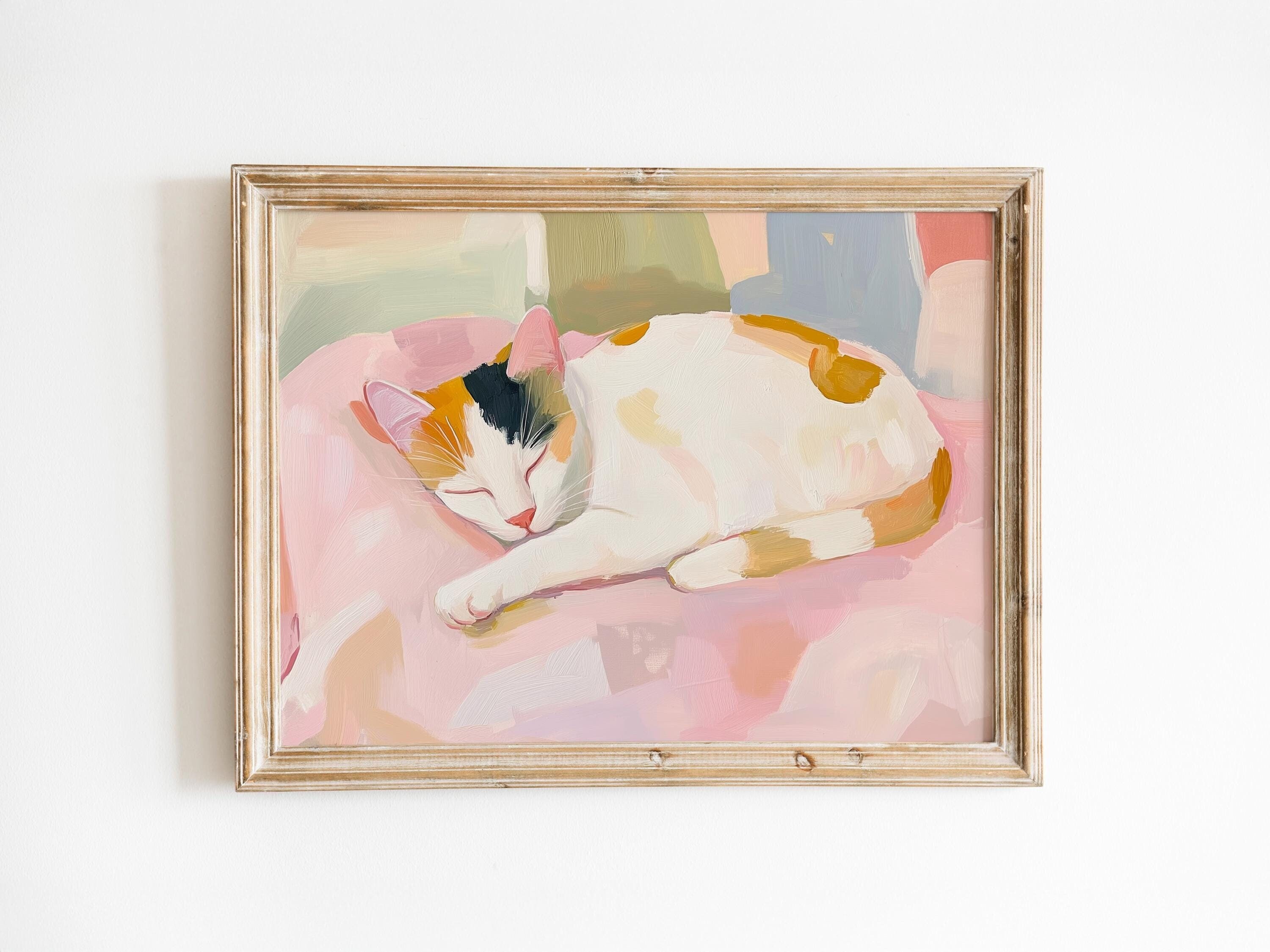 Pink Calico Cat Painting | Cute Cozy Pastel Kitty Wall Art Print | Fun ...