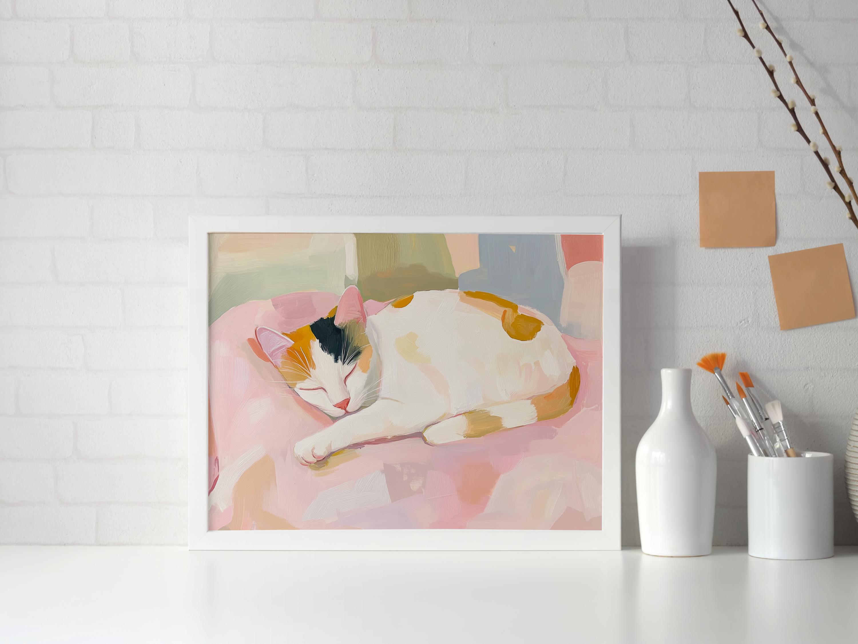 Pink Calico Cat Painting | Cute Cozy Pastel Kitty Wall Art Print | Fun ...