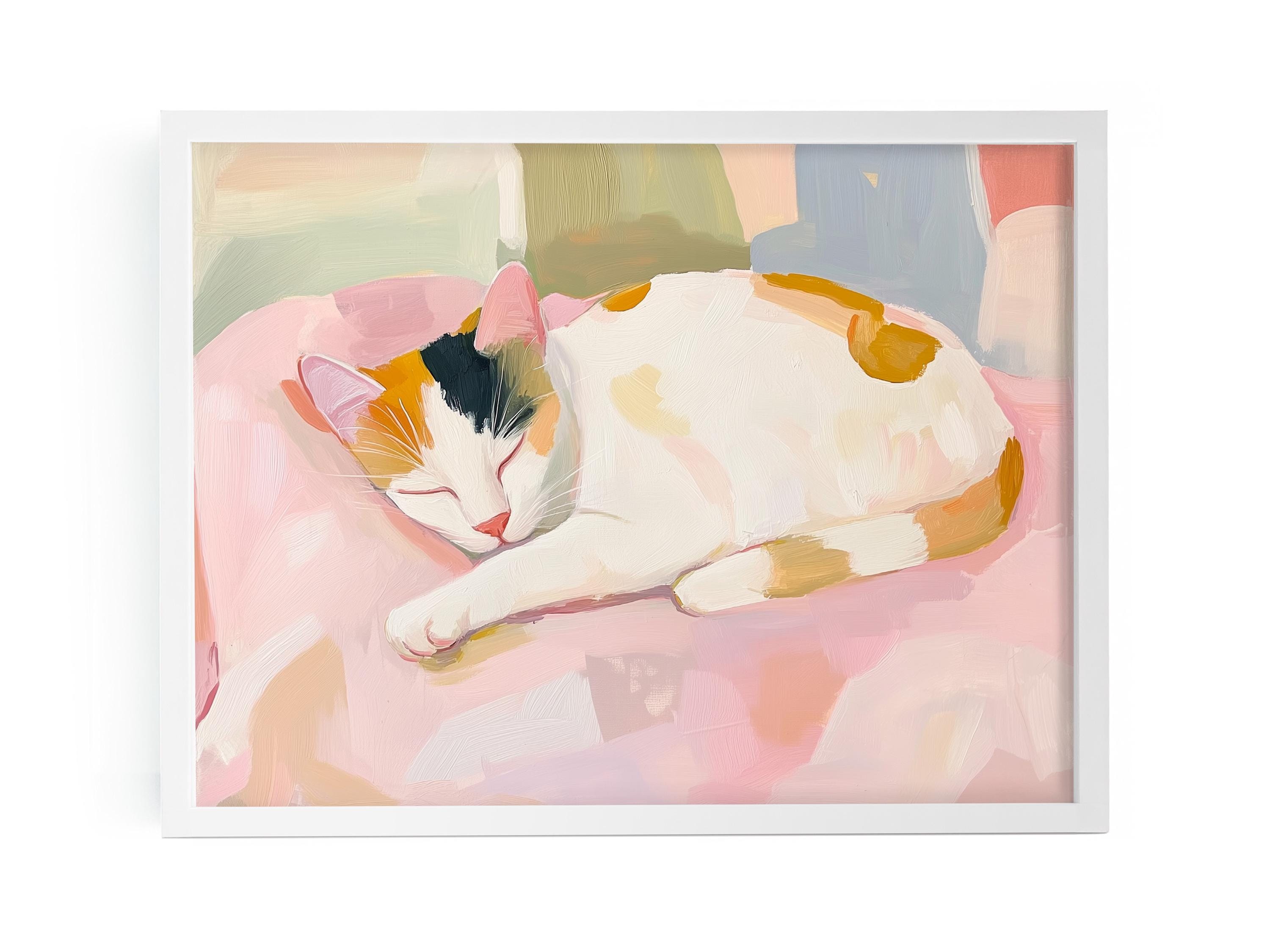 Pink Calico Cat Painting | Cute Cozy Pastel Kitty Wall Art Print | Fun ...