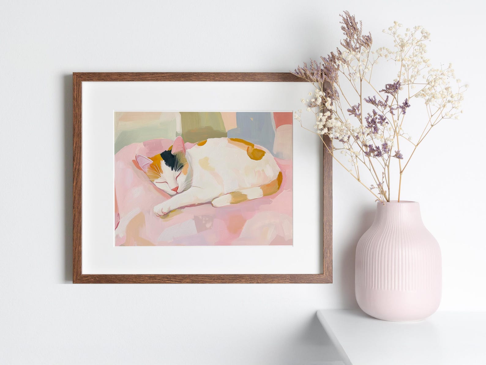 Pink Calico Cat Painting | Cute Cozy Pastel Kitty Wall Art Print | Fun ...