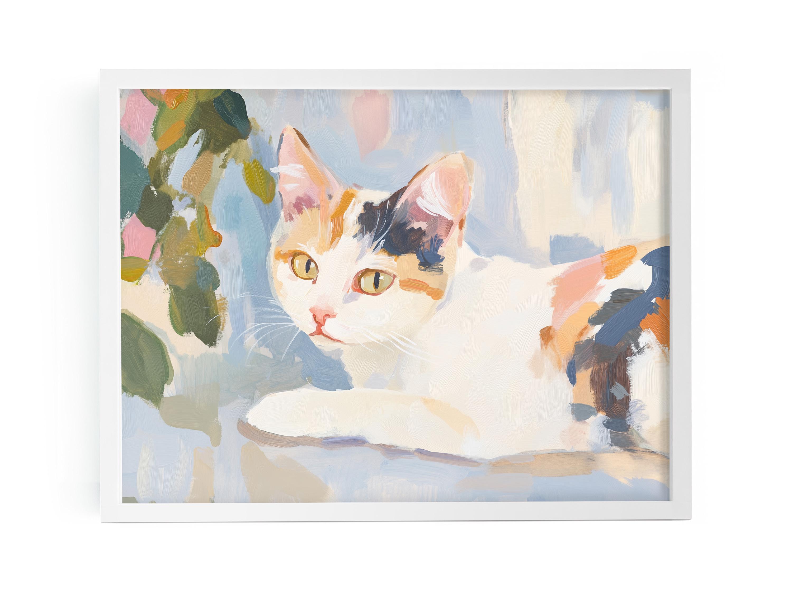 Pastel Calico Cat Painting | Cute Cozy Pink Kitty Wall Art Print | Fun ...