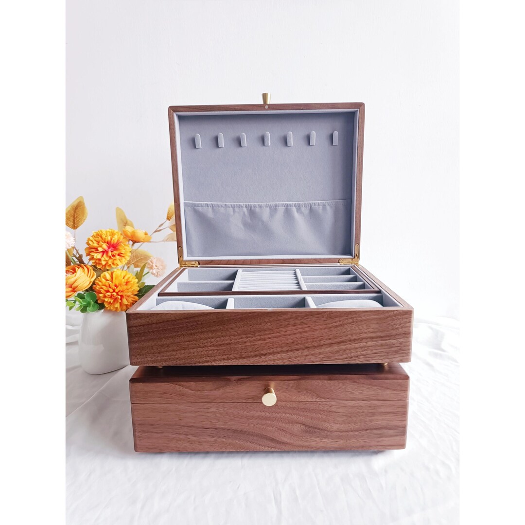 Large Layered Jewelry Box, Personalized Walnut Jewelry Box, Bridal ...