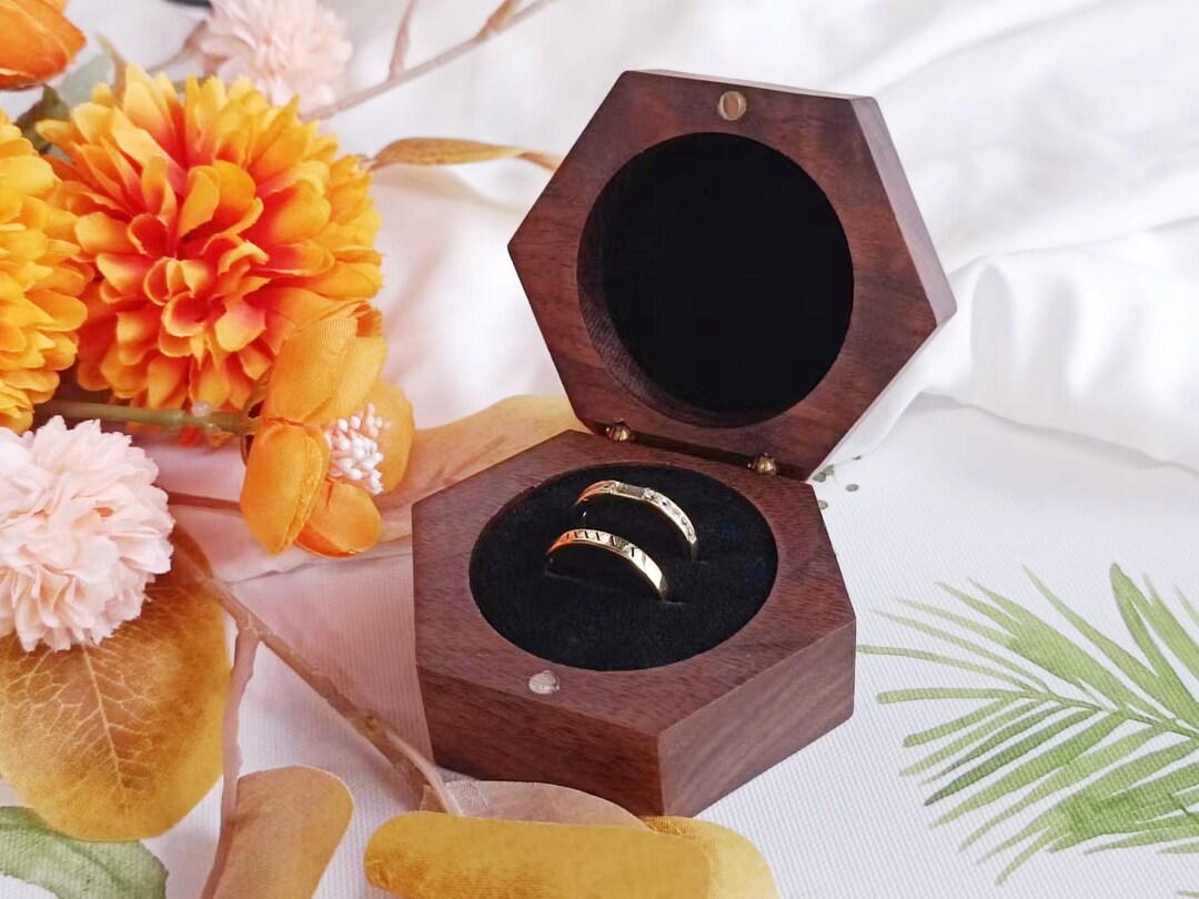 Wedding Ring Box, Walnut Double Slot Ring Box, Hexagonal Ring Box ...