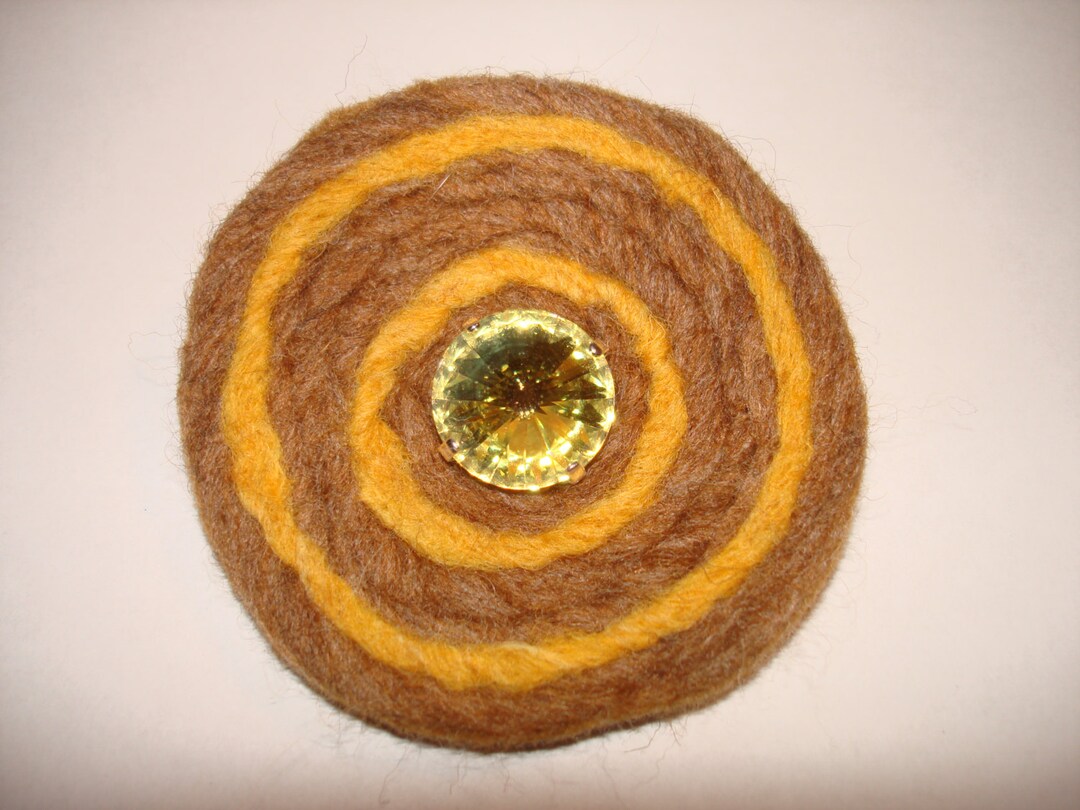 Needle Felted Wool Brooch Pin With Vintage Sew on Crystal Brown and ...