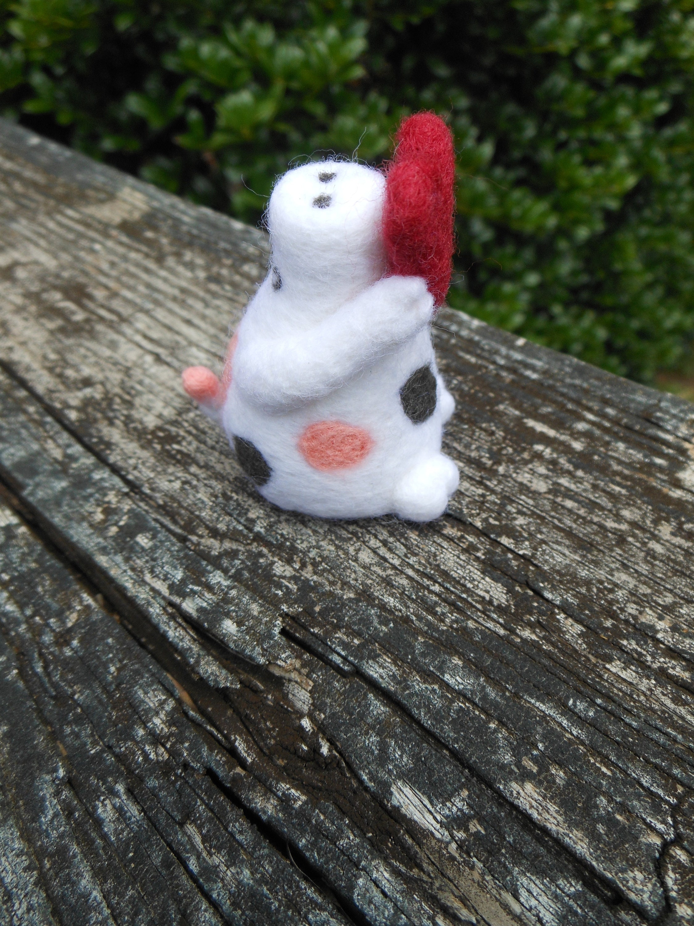 Needle Felted Wool White Pig With Pink and Black Spots Holding a Red ...