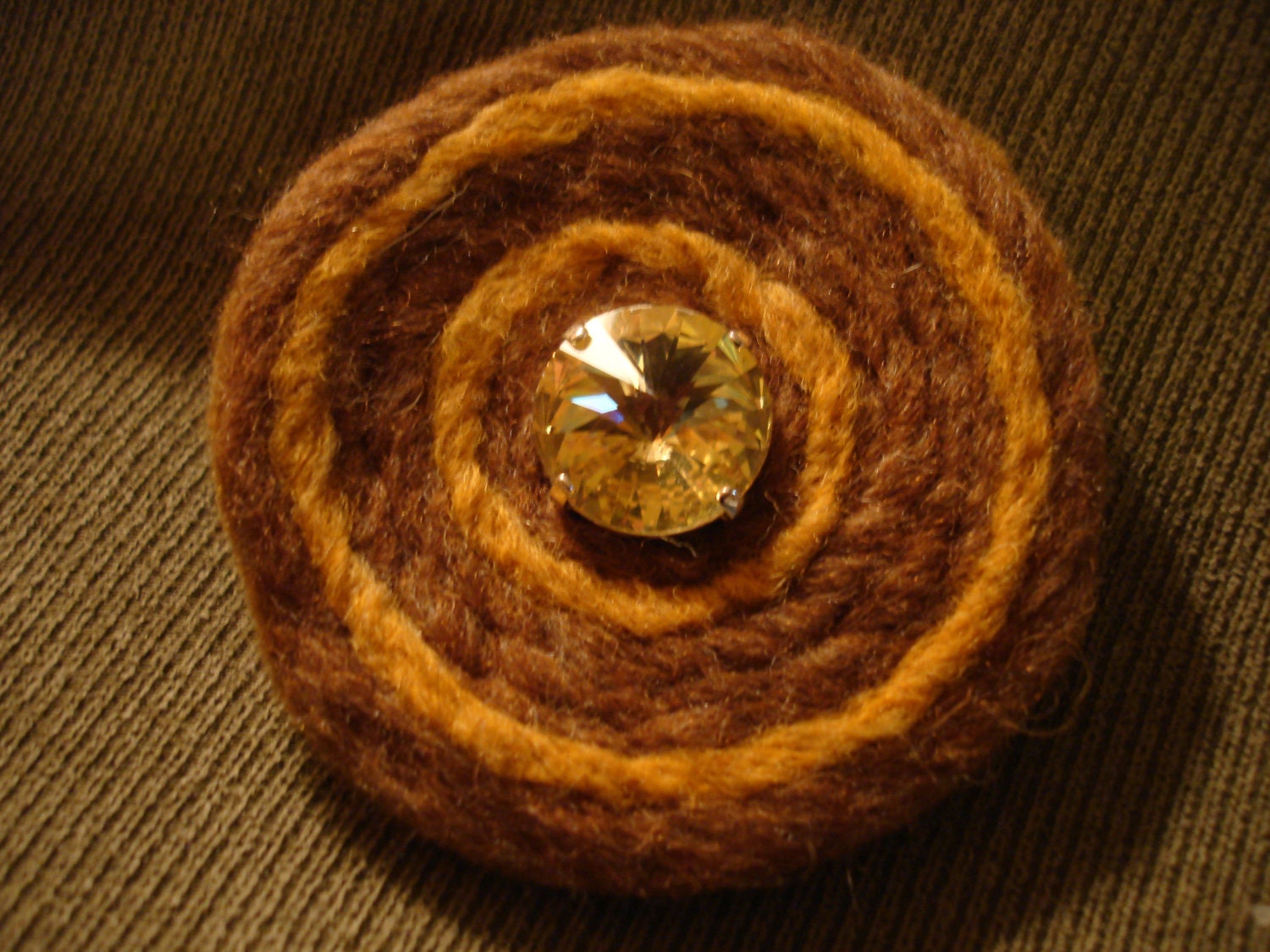 Needle Felted Wool Brooch Pin With Vintage Sew on Crystal Brown and ...