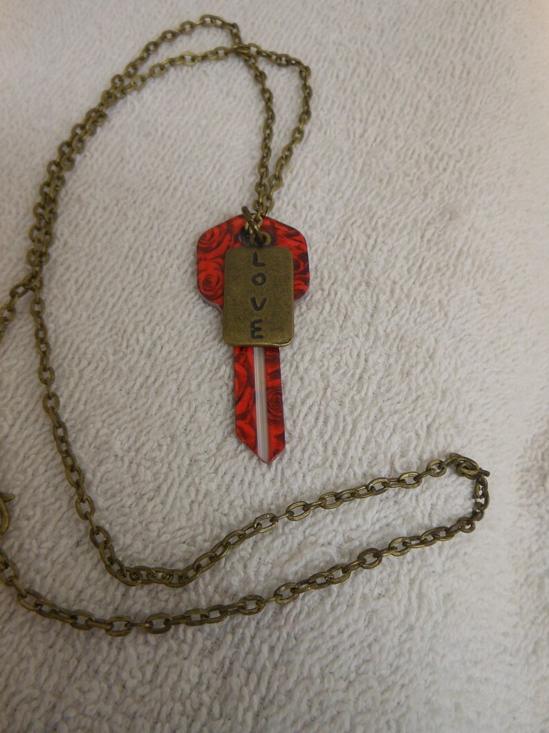 Red Roses Key Necklace Pendant With LOVE Charm - Etsy