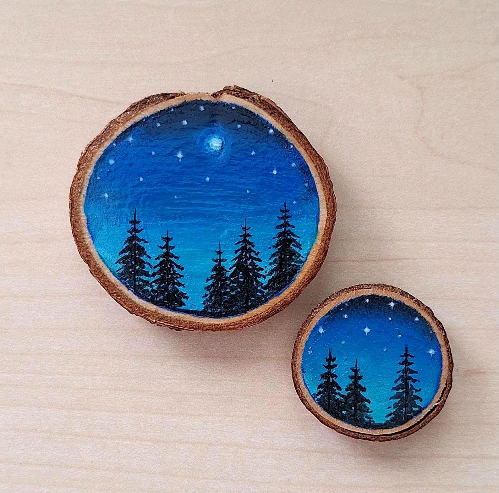 Set of 2 Hand Painted Wood Slice Magnets, Original Painting Pine Trees ...