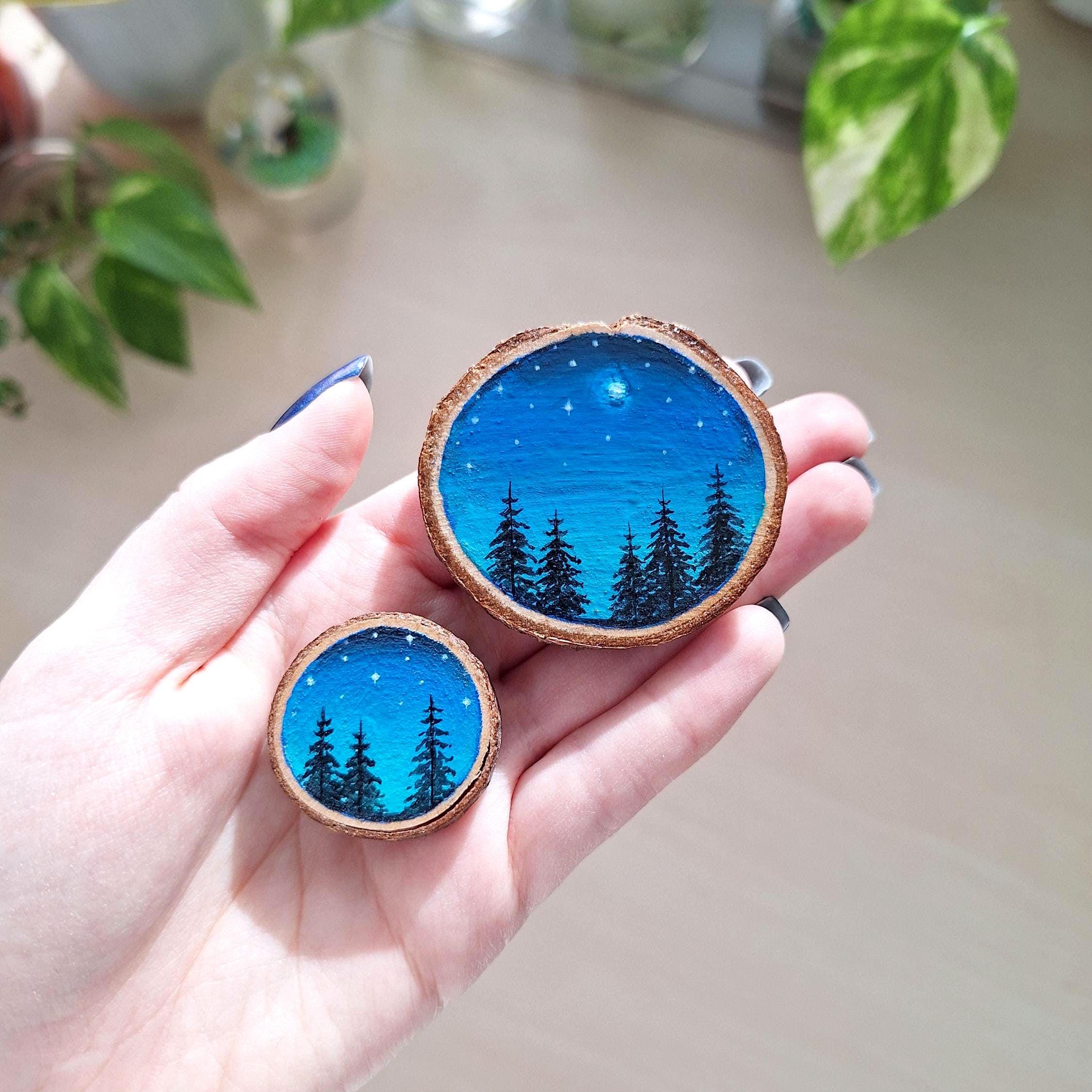 Hand-painted Wood Slice Magnets: Pine Tree Night Sky Decor (set of 2 ...