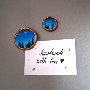Set of 2 Hand Painted Wood Slice Magnets, Original Painting Pine Trees ...