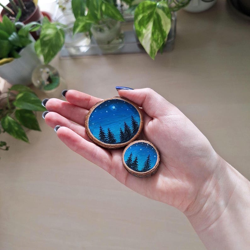 Set of 2 Hand Painted Wood Slice Magnets, Original Painting Pine Trees ...