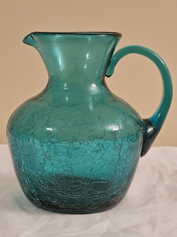 Rainbow Art Glass Pitcher Blue/Green Aqua - Mid Centu… - Gem