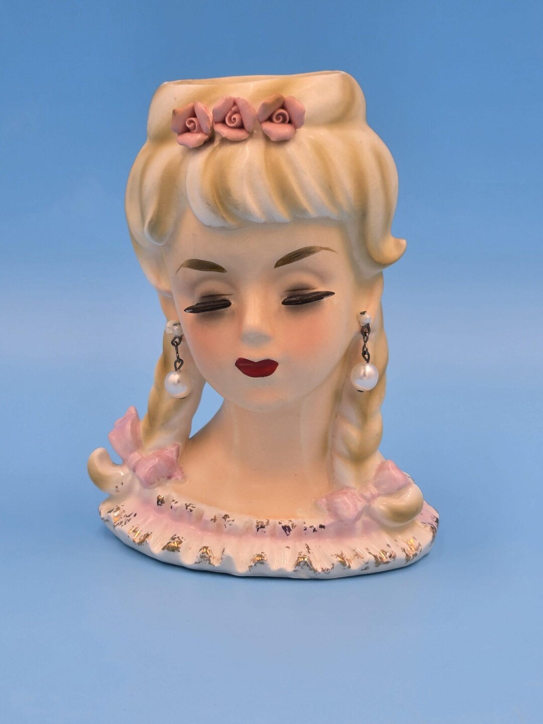 Rare Yoko Boeki Nippon Lady Head Vase #631 Japan Blonde Pink Flowers ...