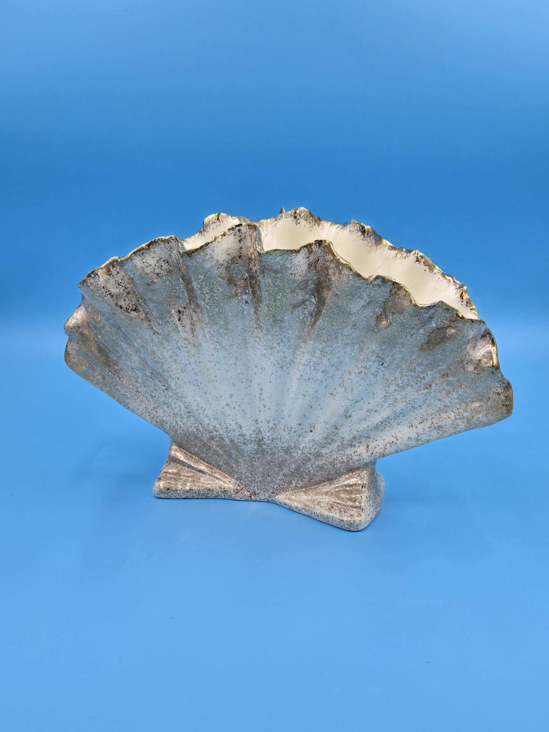 Hedi Schoop Ceramic Shell Vase Mid Century Modern Gold Accents 11" Wide ...