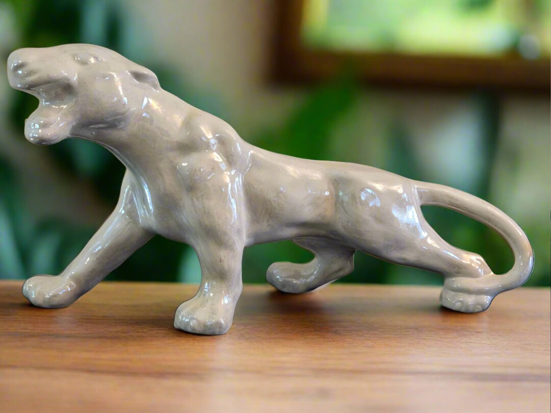 White Ceramic Panther Statue - Large 21 Inches Long - Iridescent Unique ...