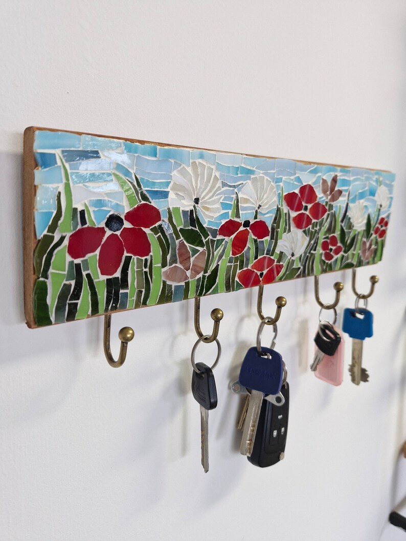Key Holder for Wall Cute Flowers Unique Key Hooks Mosaic Flowers Key ...