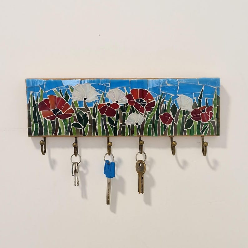 Key Holder for Wall Cute Flowers Unique Key Hooks Mosaic Flowers Key ...
