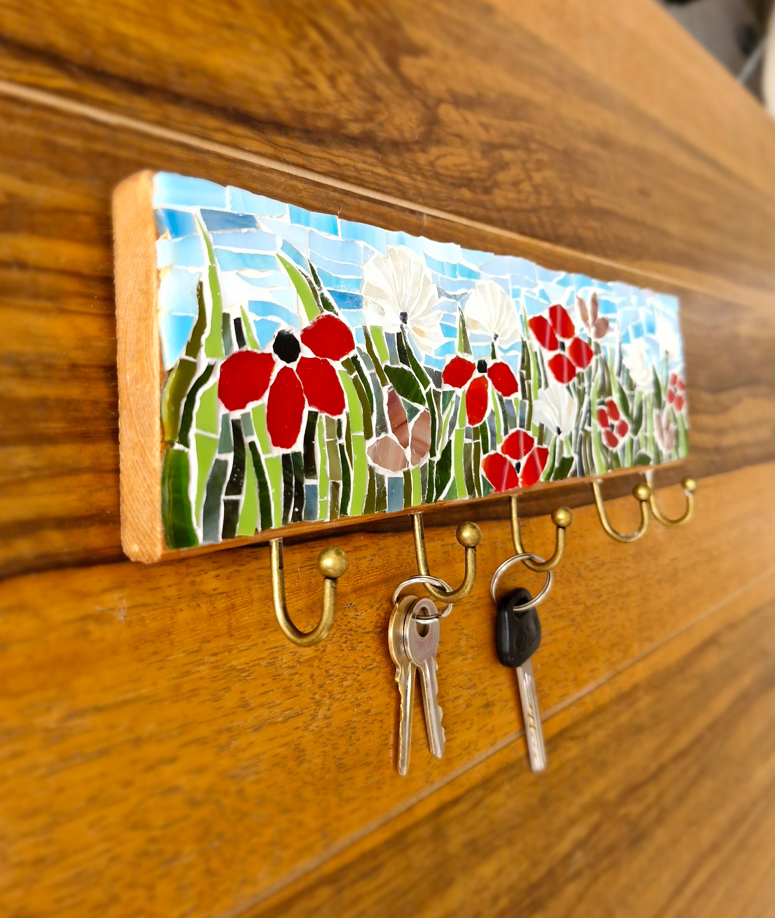 Key Holder for Wall Cute Flowers Unique Key Hooks Mosaic Flowers Key ...