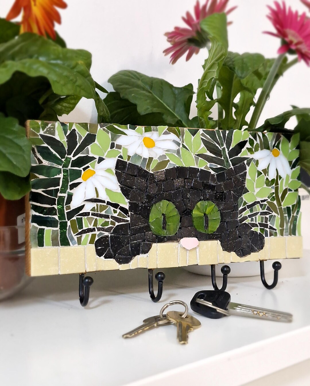 Key Holder for Wall Unique Key Hooks Cat Decor Key Organizer Mosaic ...