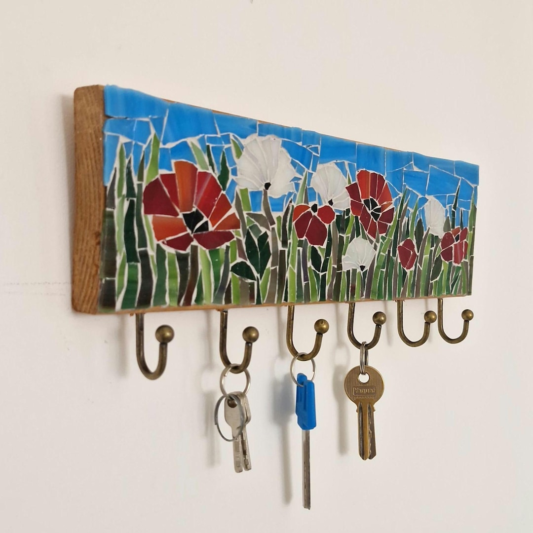 Key Holder for Wall Cute Flowers Unique Key Hooks Mosaic Flowers Key ...