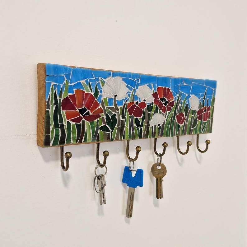 Key Holder for Wall Cute Flowers Unique Key Hooks Mosaic Flowers Key ...